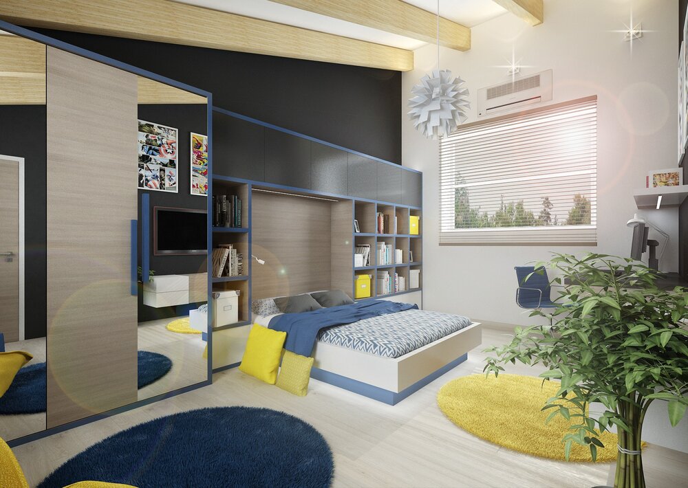 Modern interior of a student room in dark blue | AŤÁK DESIGN