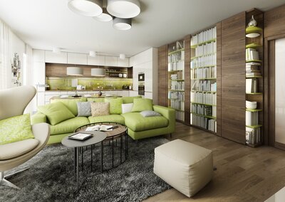 Kitchen with living room and dominant library | AŤÁK DESIGN