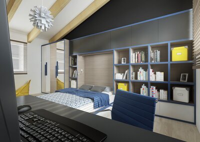 Modern interior of a student room in dark blue | AŤÁK DESIGN