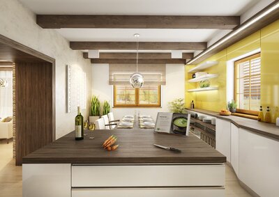White kitchen with yellow lacobel tiling | AŤÁK DESIGN