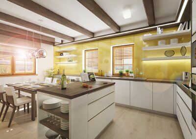 White kitchen with yellow lacobel tiling | AŤÁK DESIGN