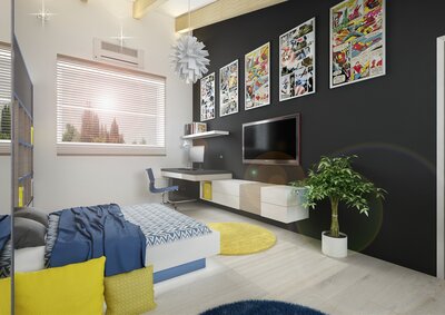 Modern interior of a student room in dark blue | AŤÁK DESIGN