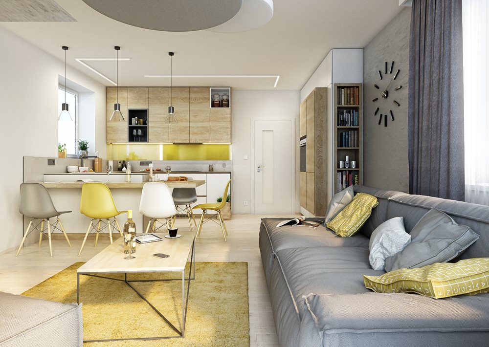 Light living room with kitchenette and yellow elements | AŤÁK DESIGN