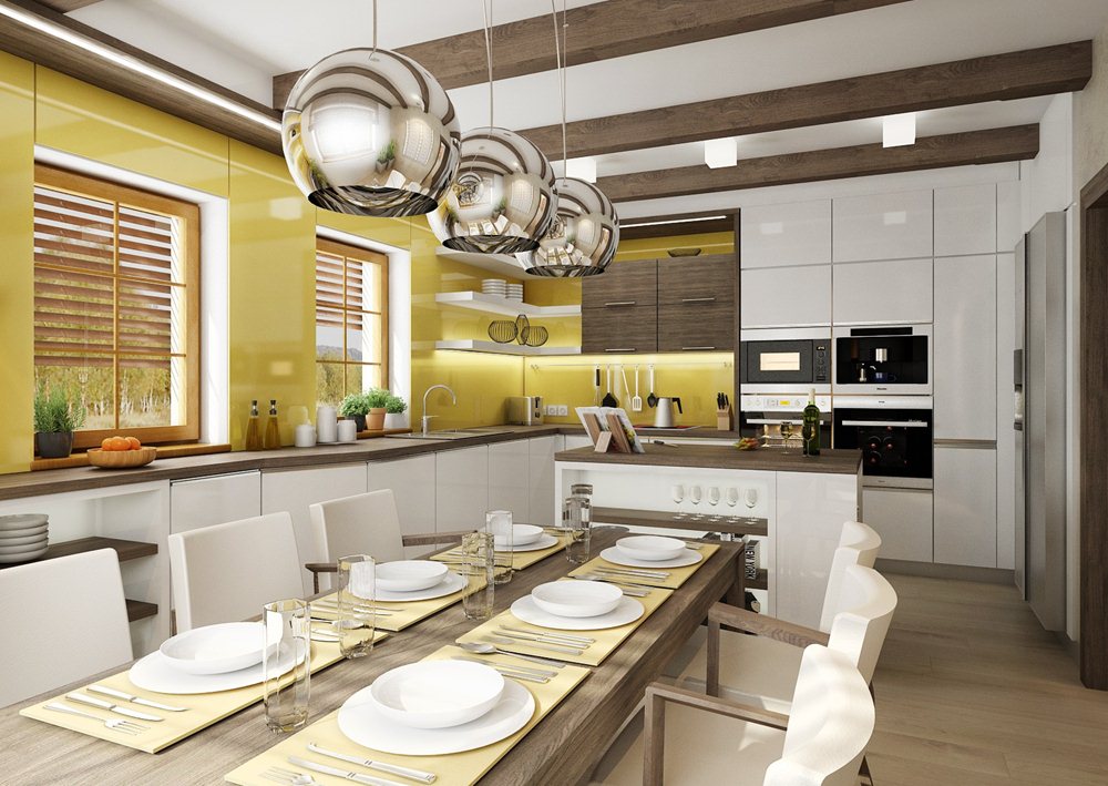 White kitchen with yellow lacobel tiling | AŤÁK DESIGN