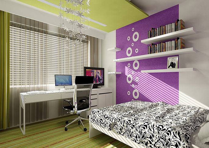 Interior of the room for student in purple and green | AŤÁK DESIGN