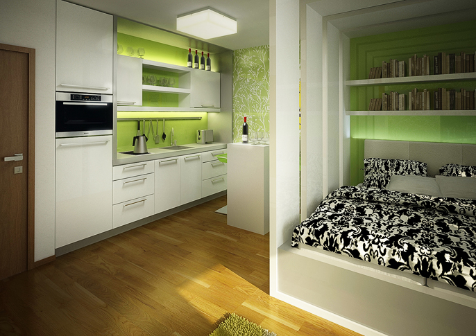 Interior of a studio apartment in spring colors, Prague | AŤÁK DESIGN
